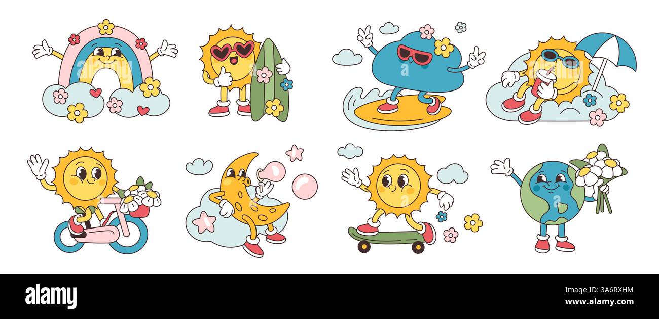 Retro weather characters. Funny groovy mascots with smiling faces, feet ...