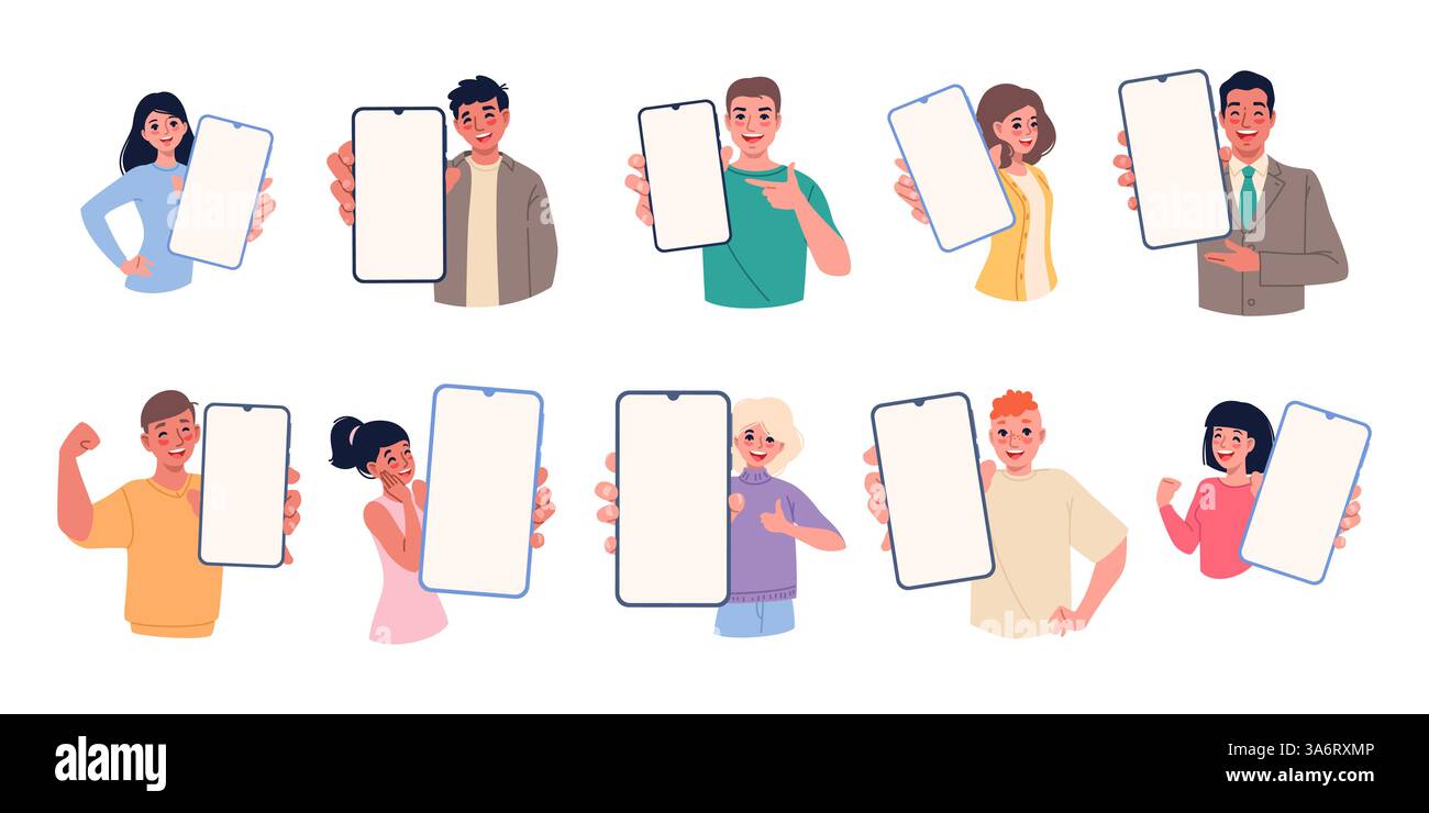 People showing mobile phones. Smiling characters holding smartphones ...