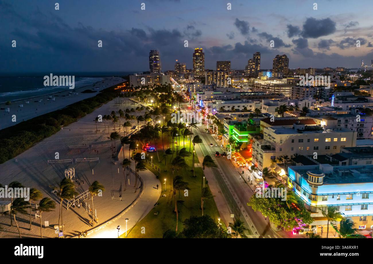 Cityscape of downtown Miami at night light. Tropical paradise in South ...