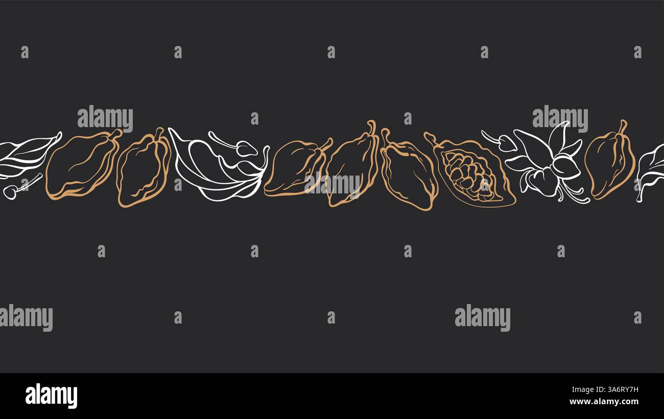 Cocoa texture border. Choco tree, fruit. Vector horizontal ornament ...