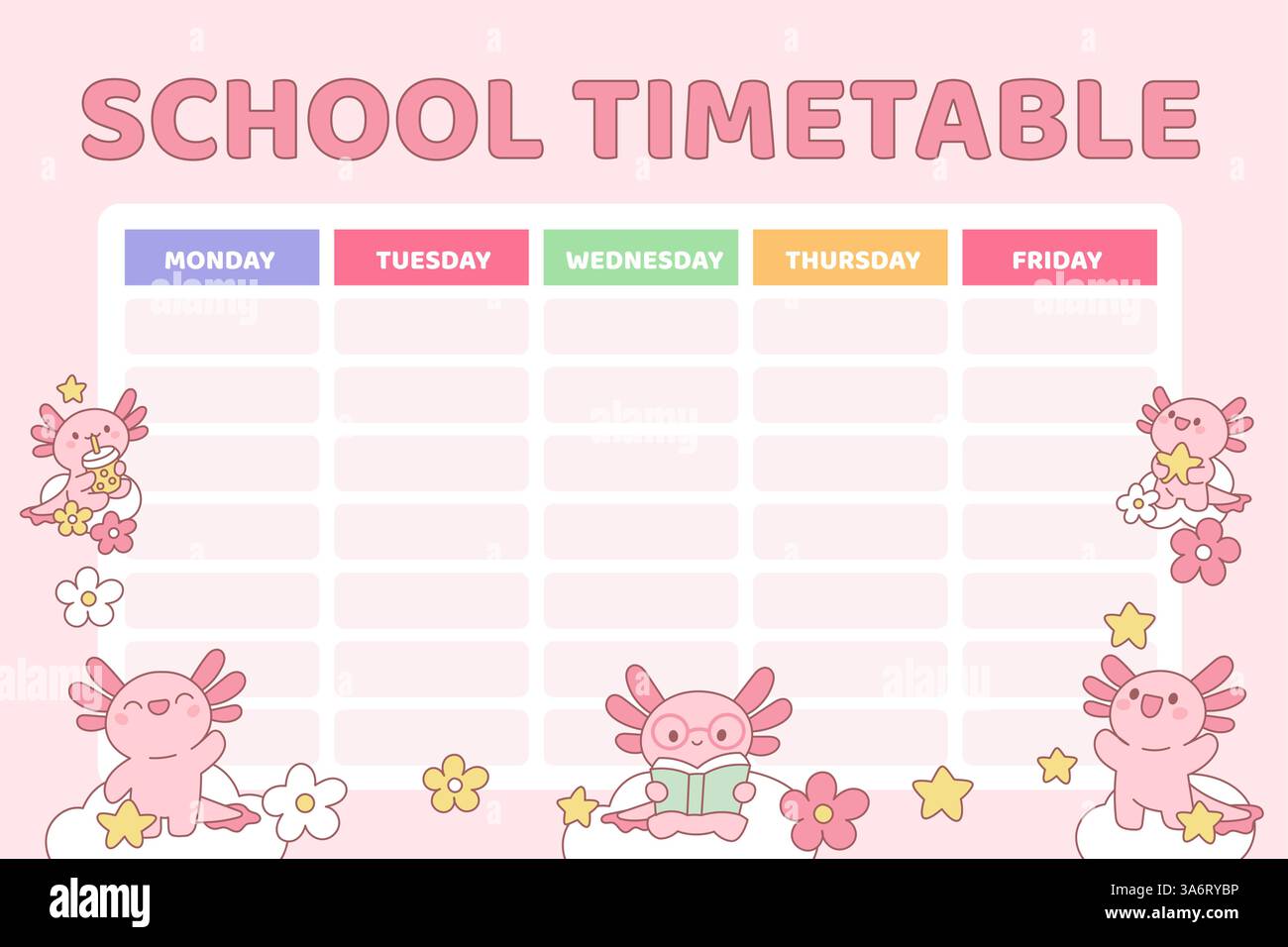 Cute pink axolotls schedule. Kids weekly planner template, school notes ...