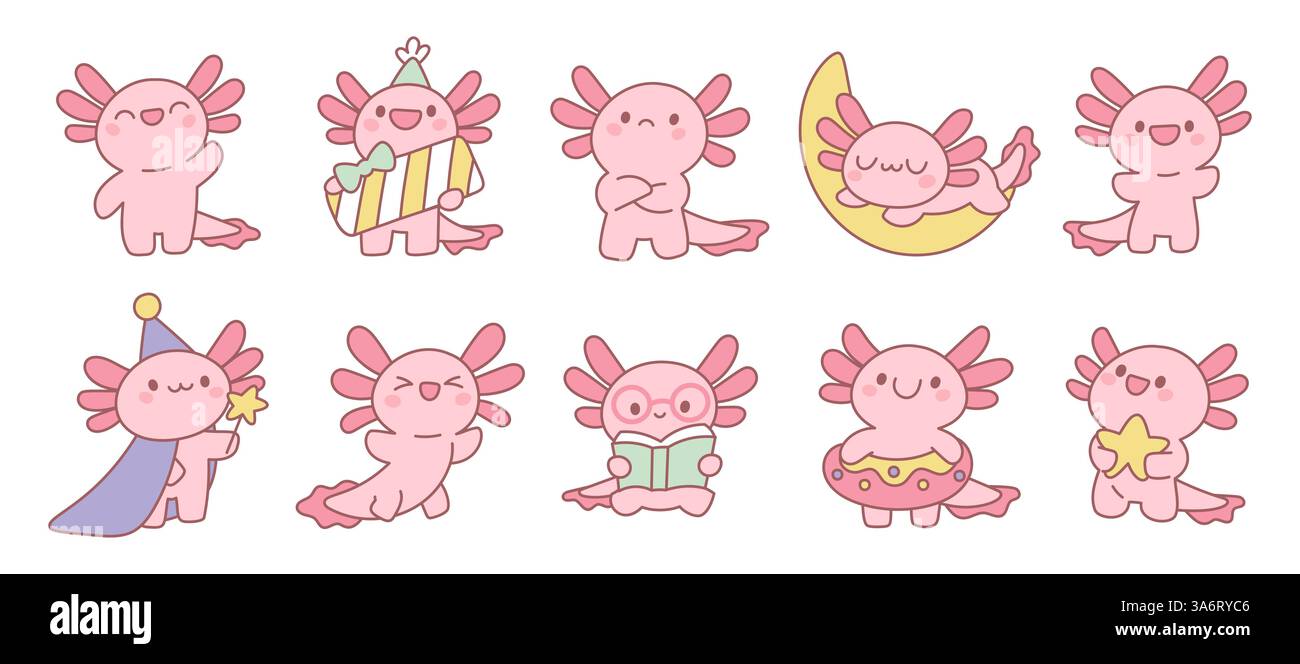 Cute axolotl character. Funny newt, pink kawaii aquatic amphibian ...