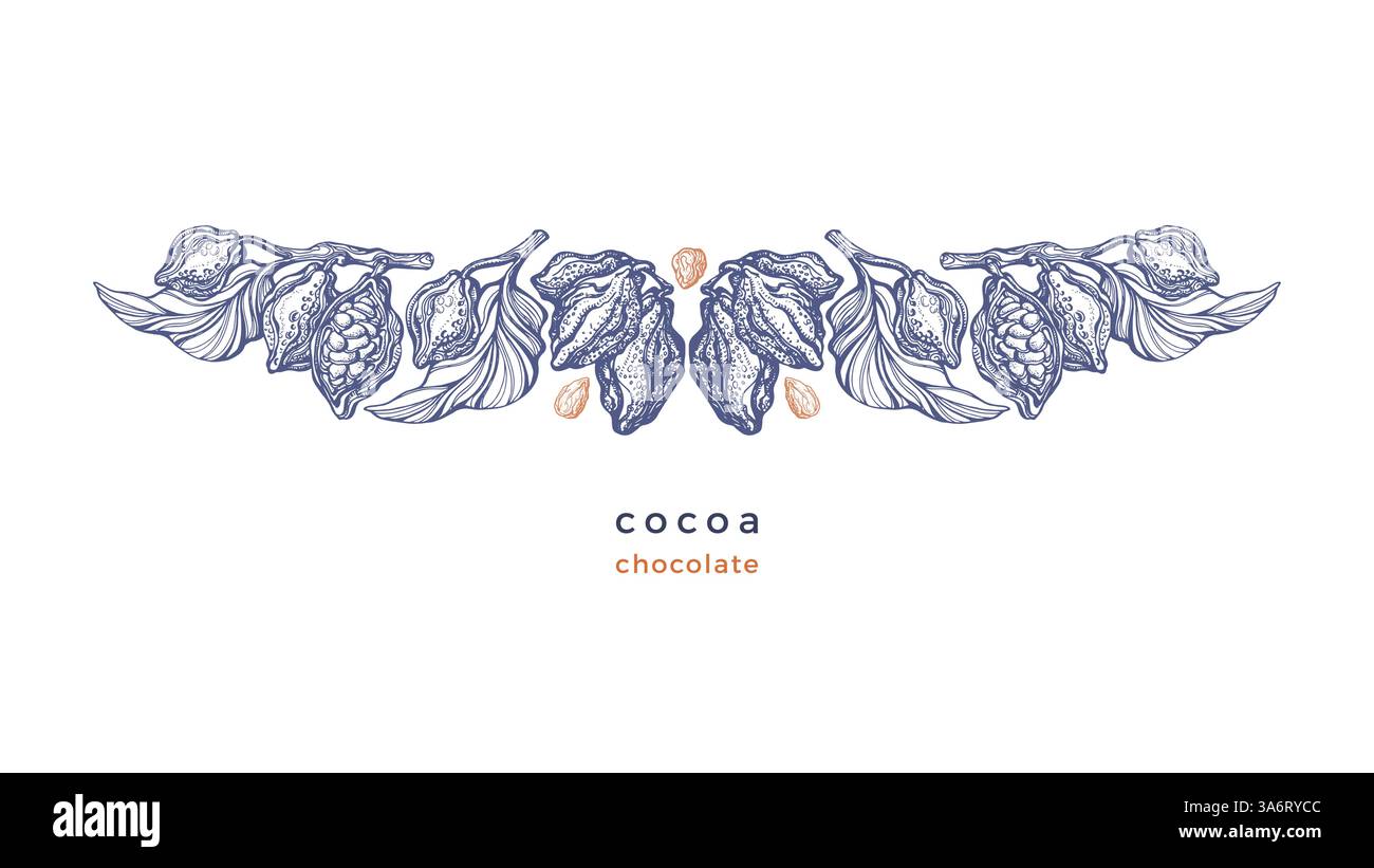 Cocoa border. Vector graphic bean, twig, fruit. Art hand drawn ...