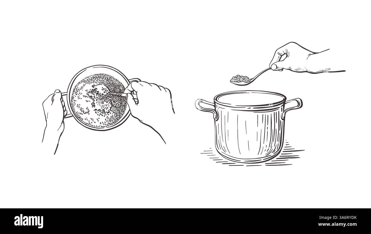 Set cooking. Sketch top and side view. Soup or porridge. Vintage pot ...