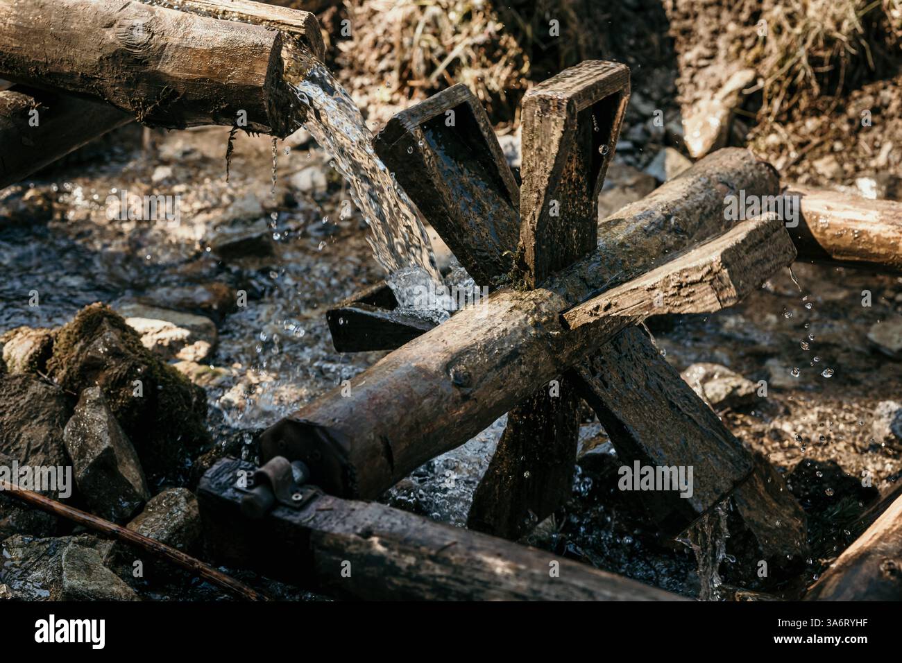 Wooden Water Wheel Turning in a Stream, horizontal photo Stock Photo ...