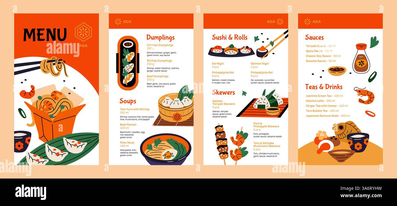 Asian food menu template. Restaurant cuisine list of dishes design ...