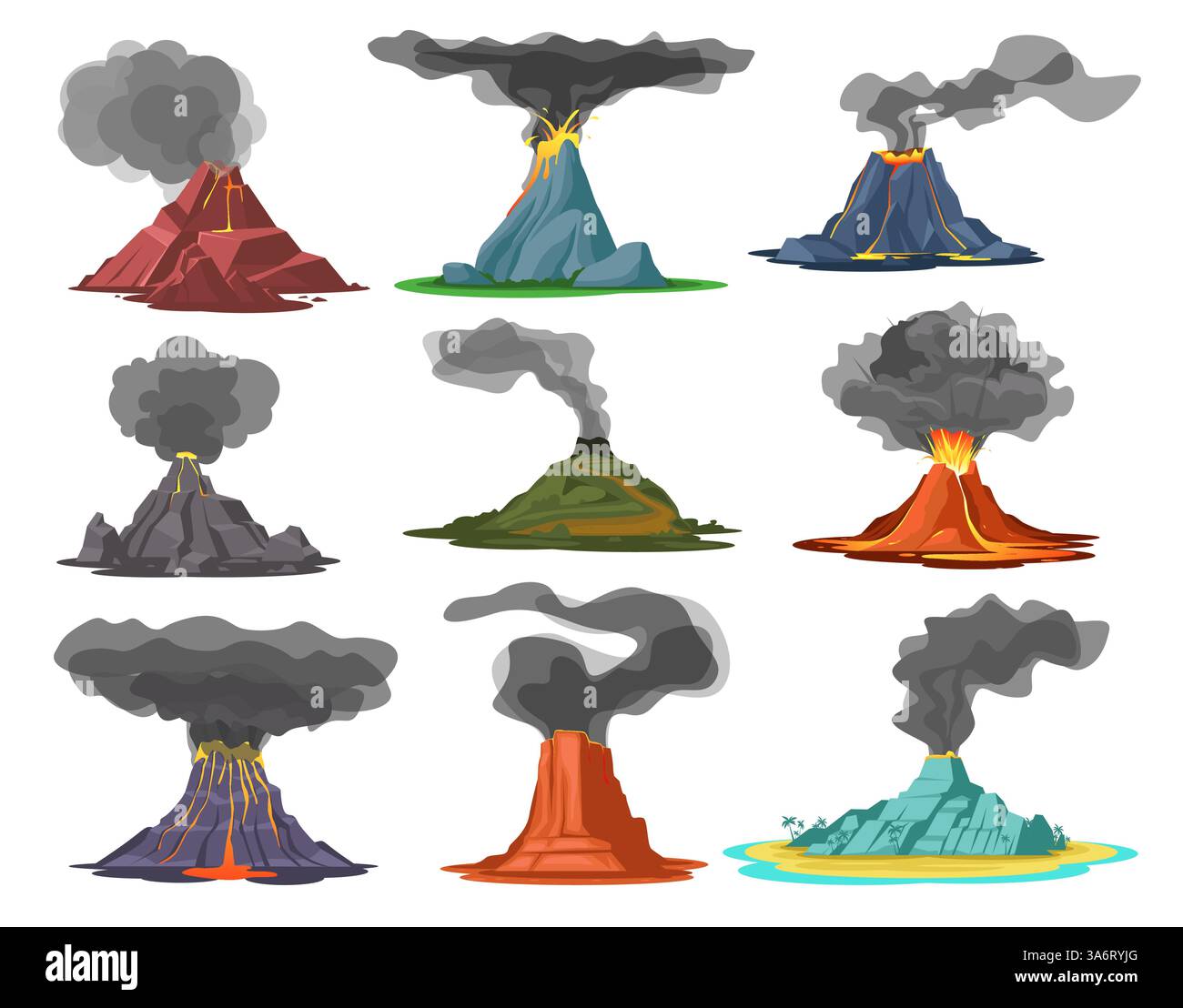 Active volcanoes. Eruptions lava, fire, smoke, mountain rock crater ...