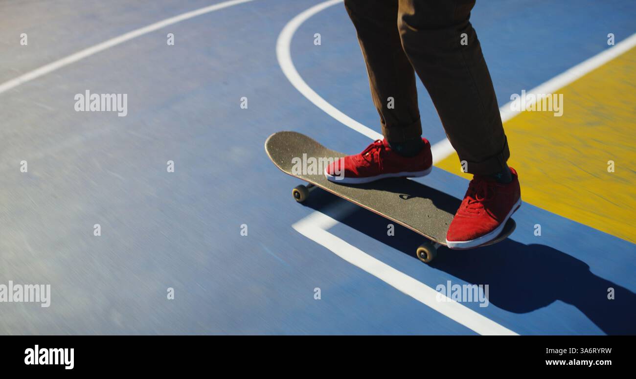 Skating, feet and person learning trick for outdoor hobby, activity or ...