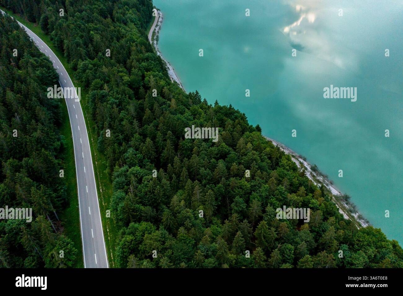 Aerial view with a road passing through forest on the lakeshore in ...