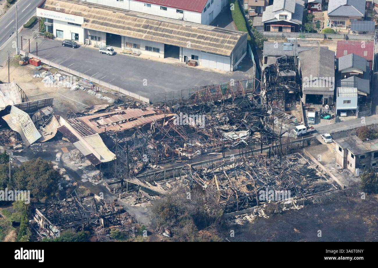 Aerial photo shows burnt houses due to forest fire in Imabari City ...