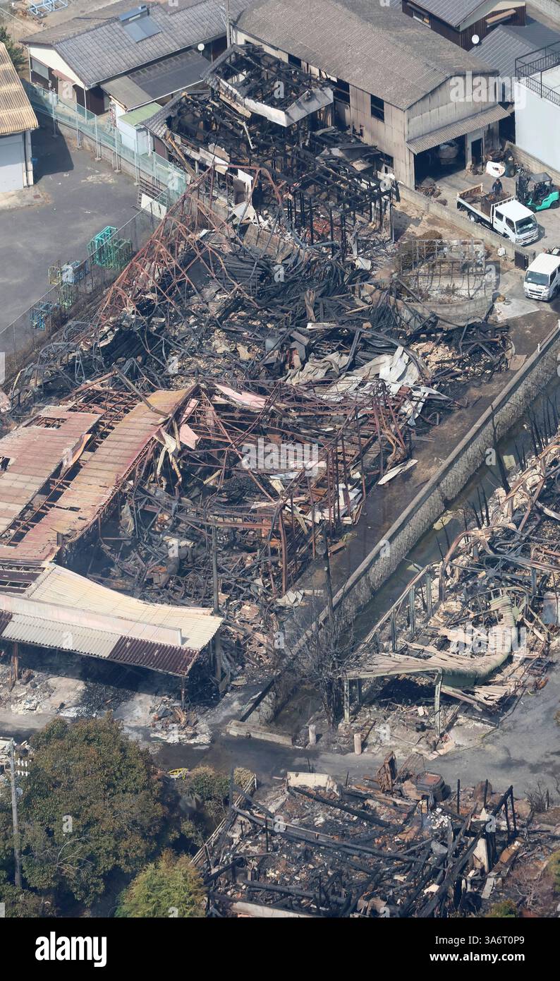 Aerial photo shows burnt houses due to forest fire in Imabari City ...