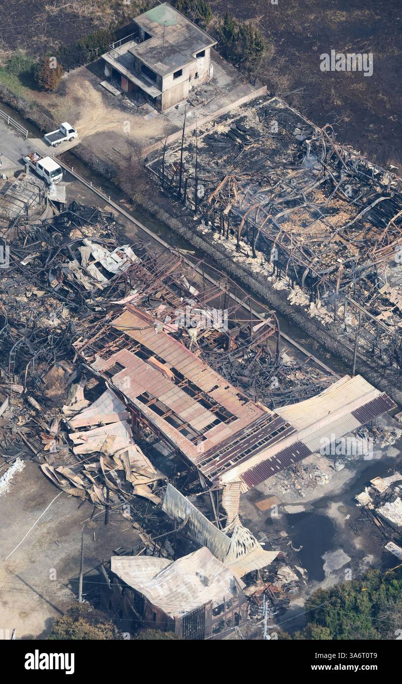 Aerial photo shows burnt houses due to forest fire in Imabari City ...