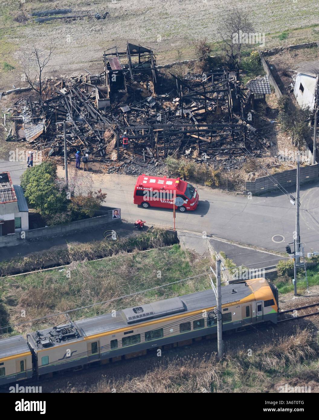 Aerial photo shows burnt houses due to forest fire in Imabari City ...