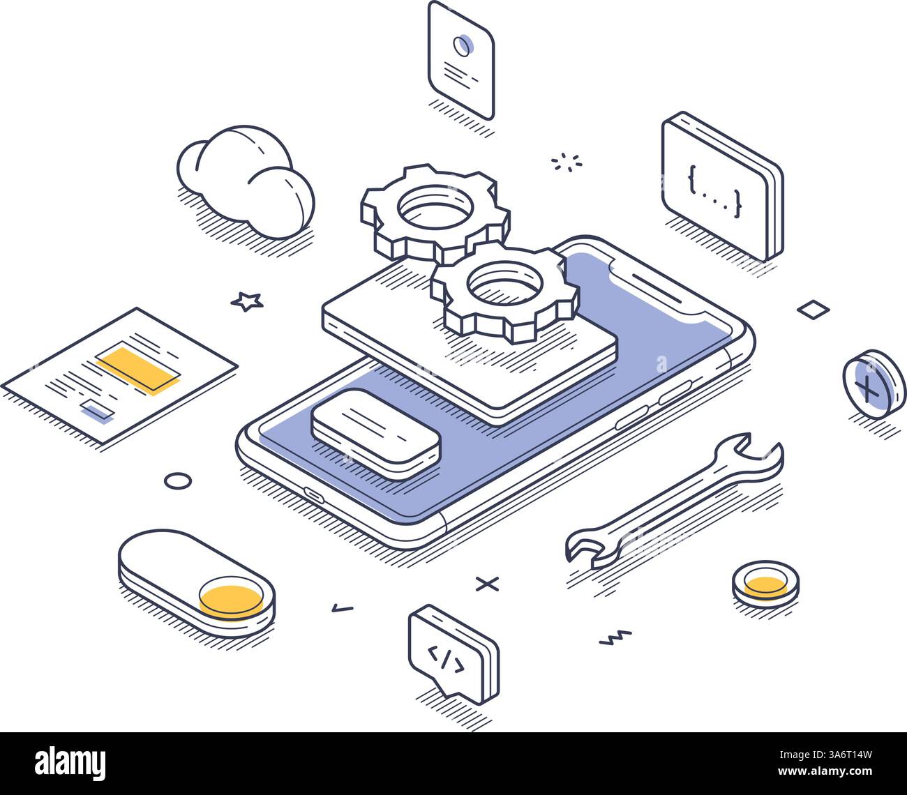 Isometric line art concept of app development. Central elements include a smartphone surrounded ...