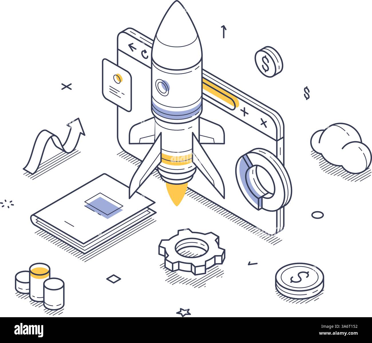 Dynamic business startup environment, featuring a rocket launching from ...
