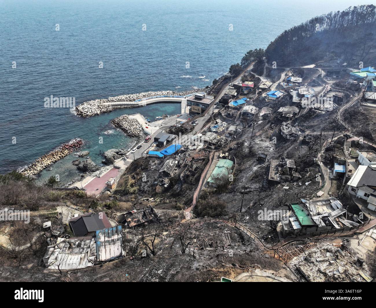 Burnt-out houses are seen at a damaged village due to wildfires in Yeongdeok, South Korea ...
