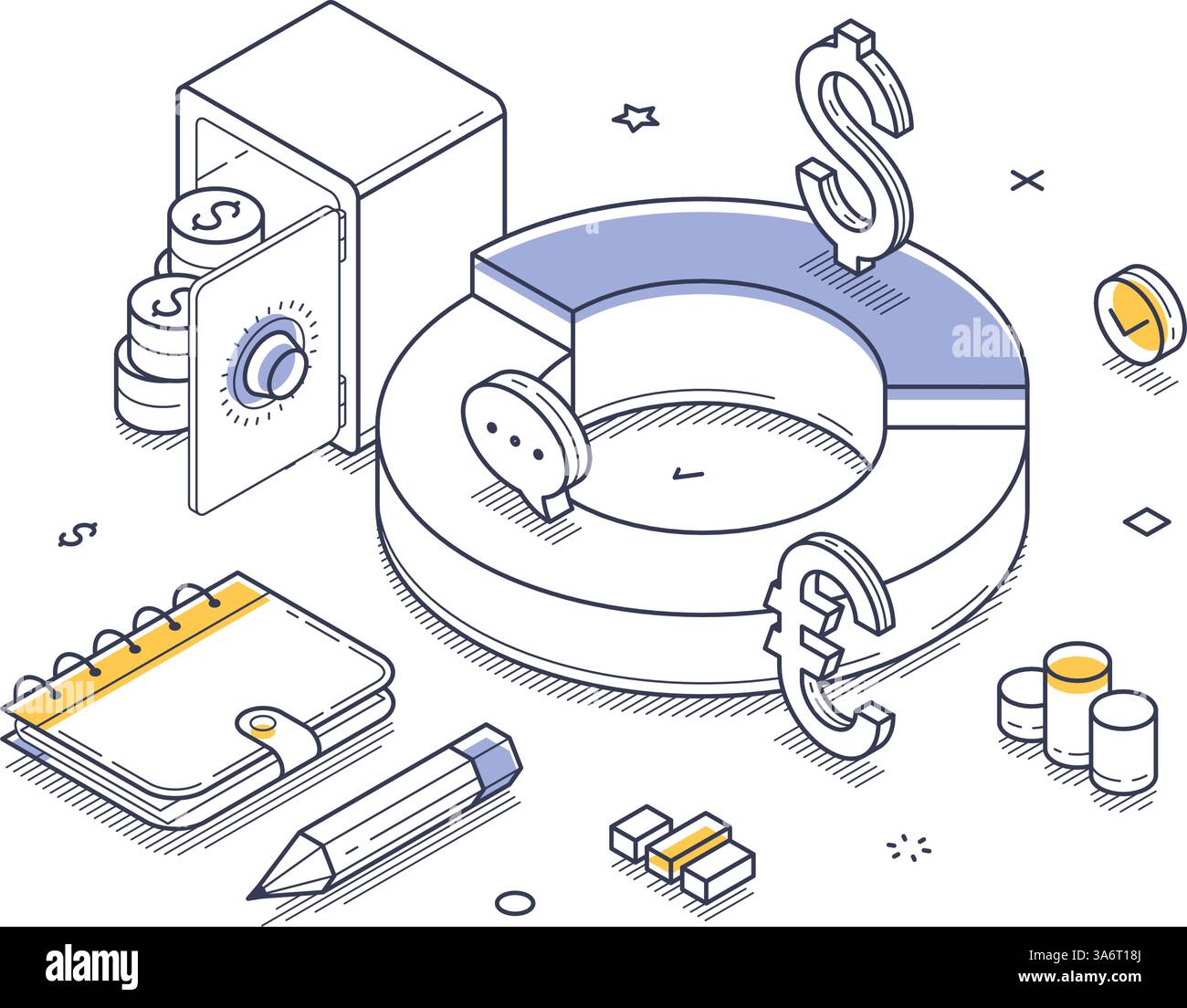 Isometric line art illustration depicts various elements of financial ...