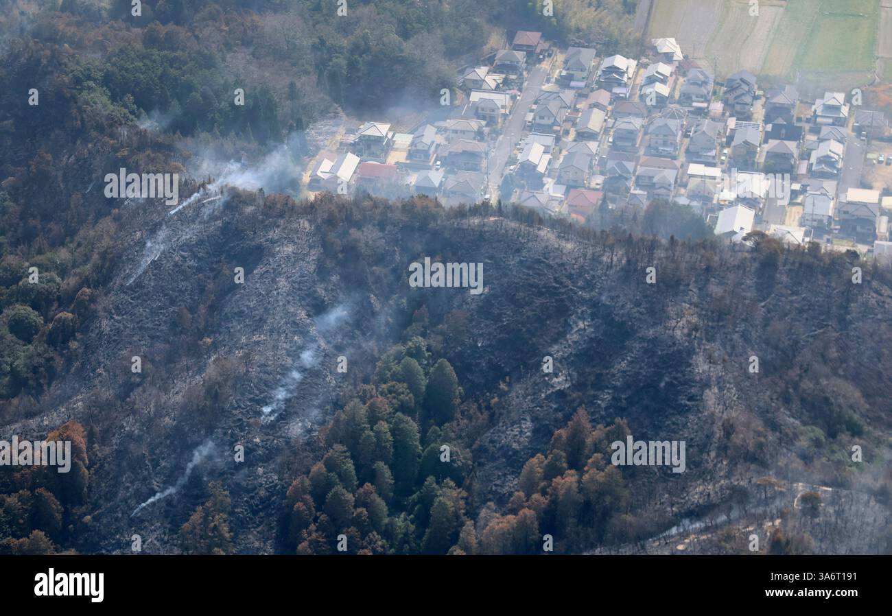 Aerial photo shows burnt mountain forest due to forest fire in Imabari ...