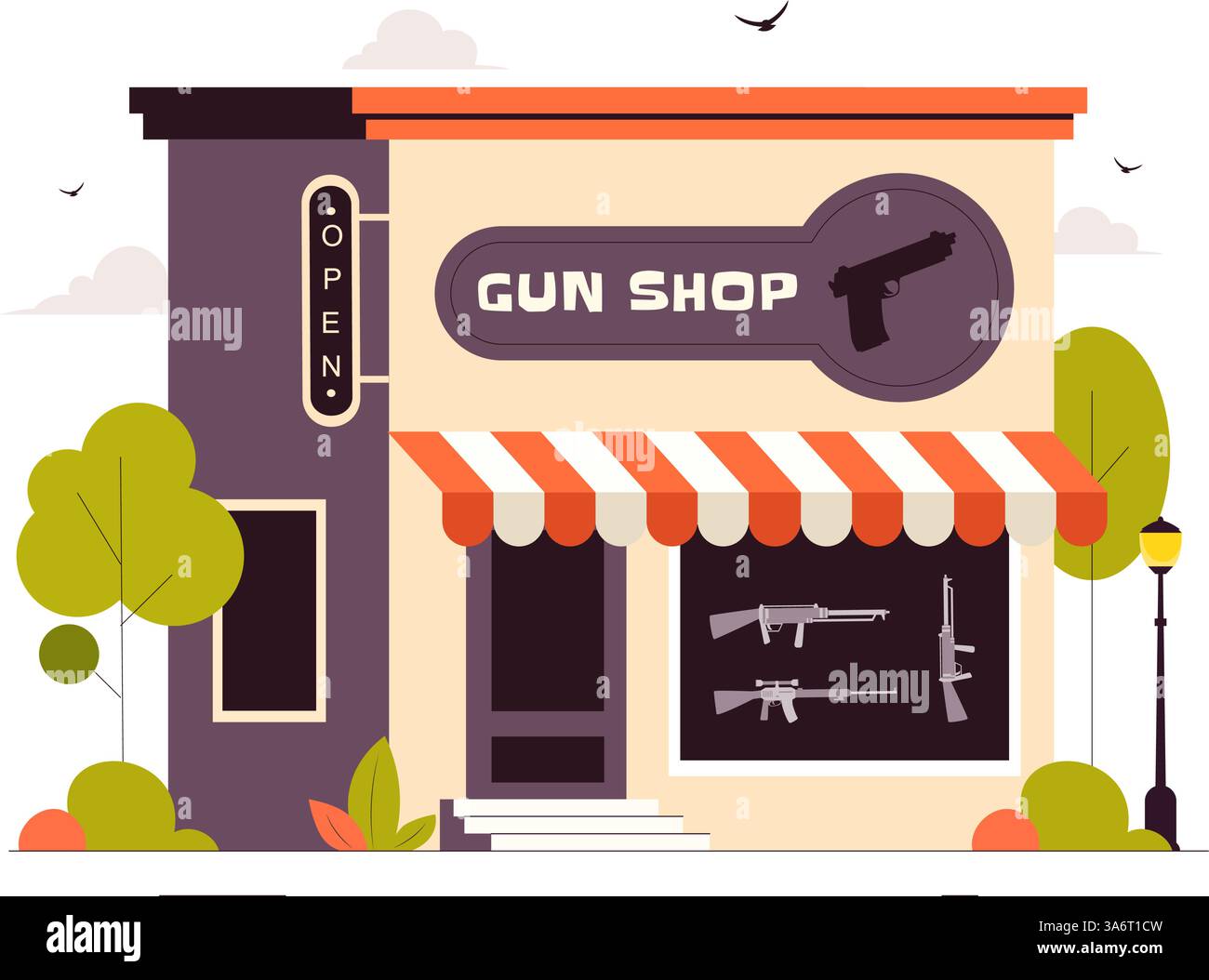 Gun Accessories Shop Vector Illustration featuring a Rifle, Bullets ...