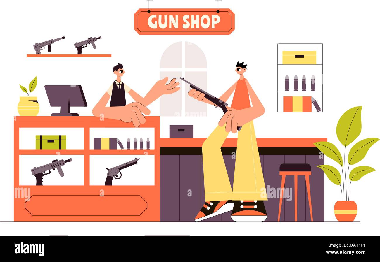 Gun Accessories Shop Vector Illustration featuring a Rifle, Bullets ...