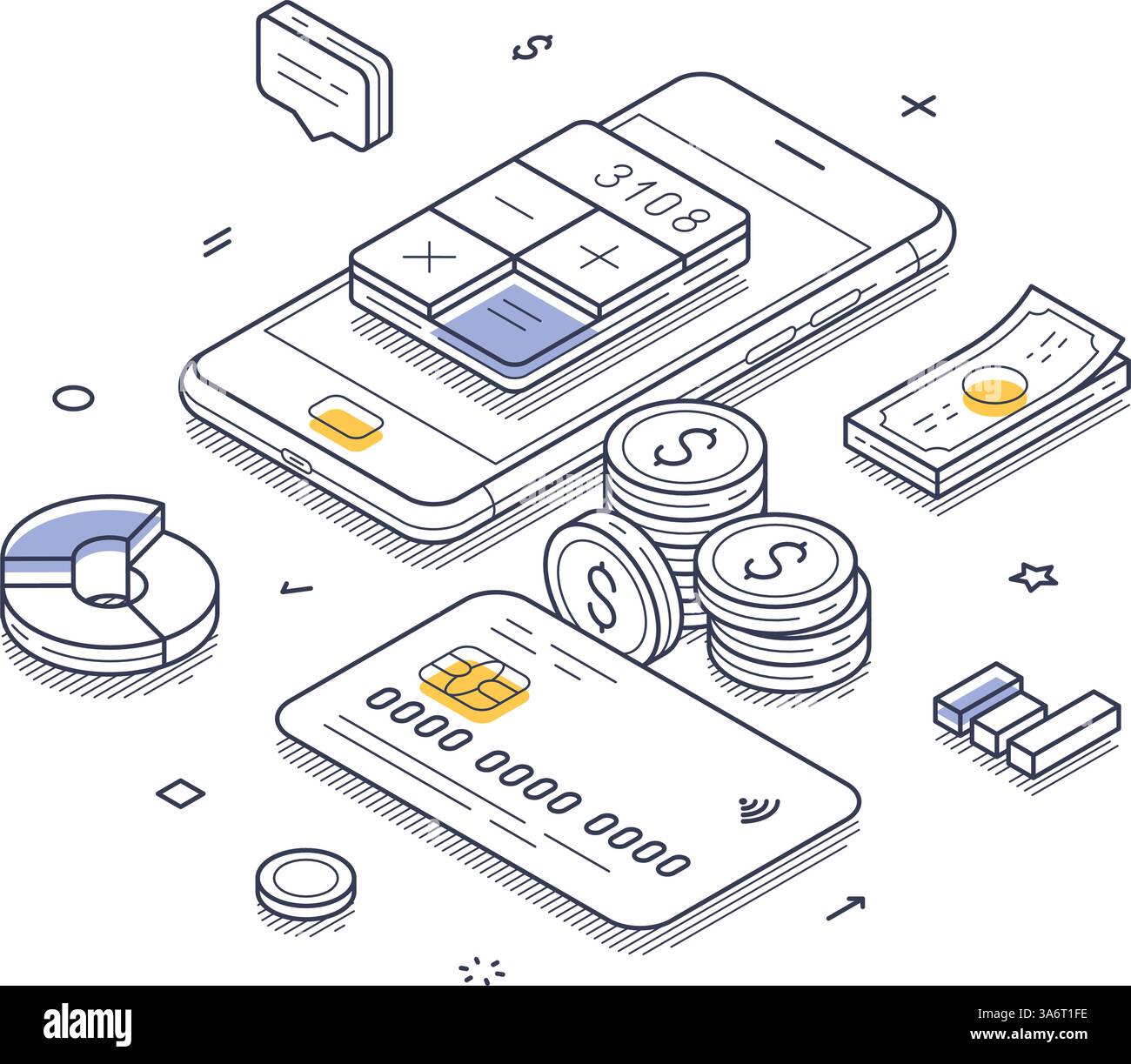 Smartphone displaying a budgeting app, coins, and cash, encapsulating ...