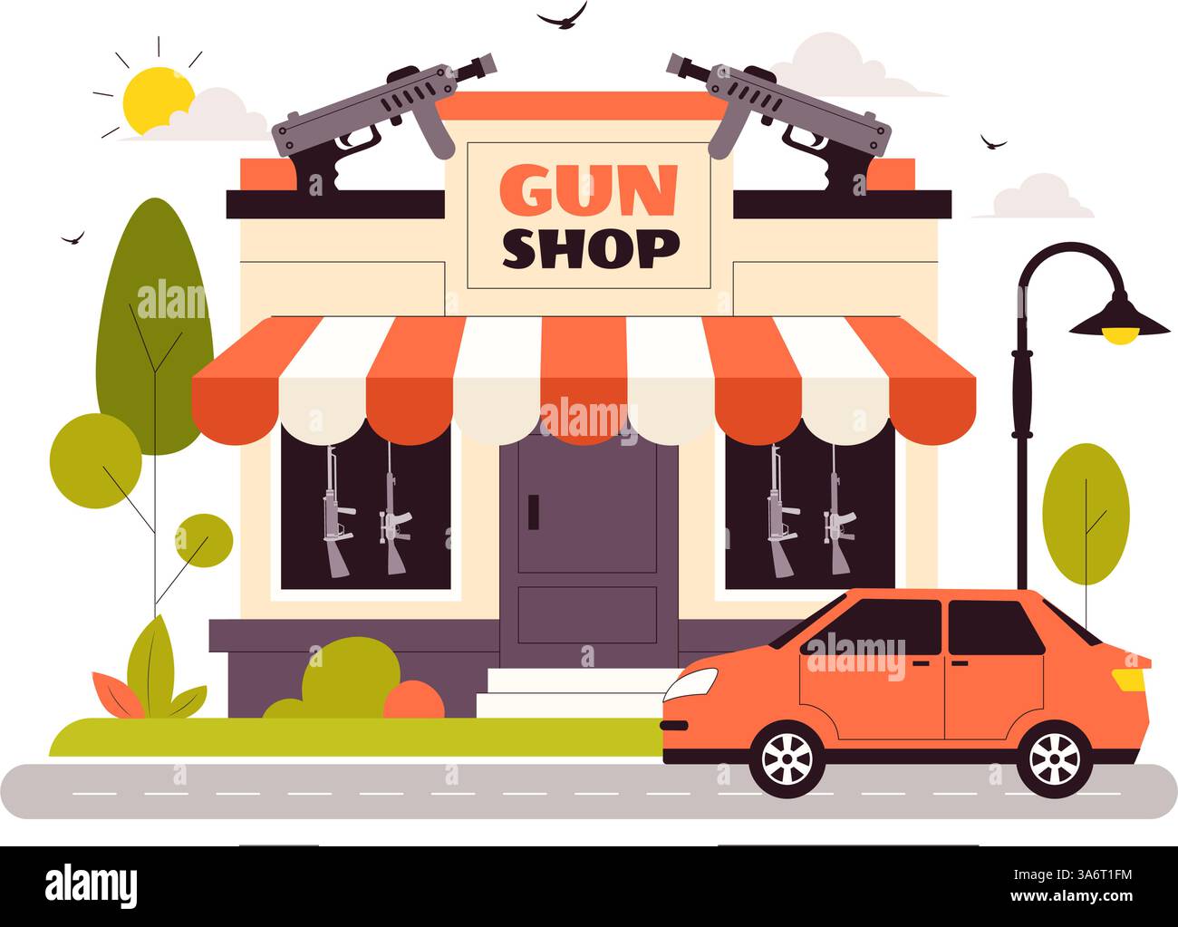 Gun Accessories Shop Vector Illustration featuring a Rifle, Bullets ...