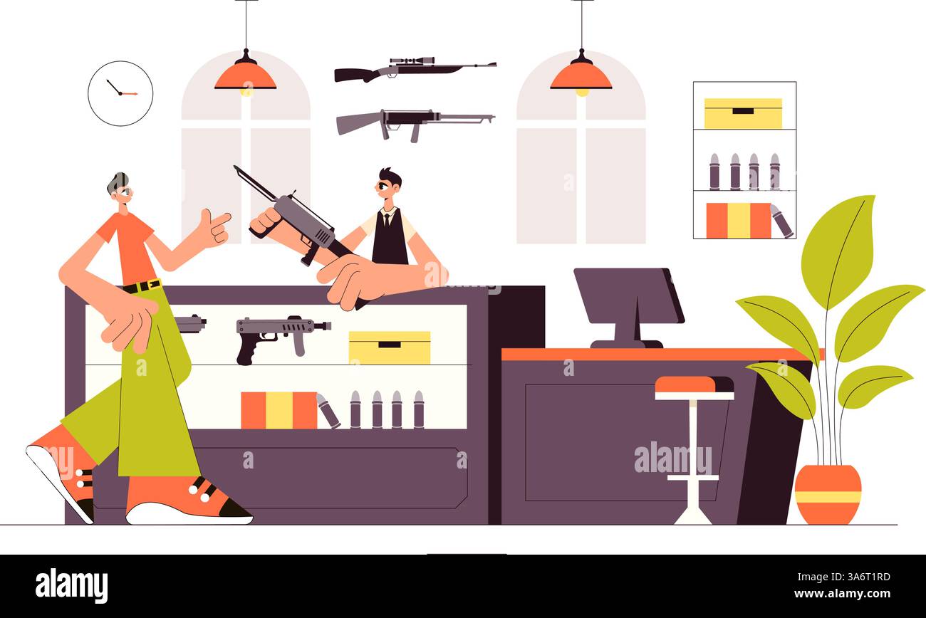 Gun Accessories Shop Vector Illustration featuring a Rifle, Bullets ...