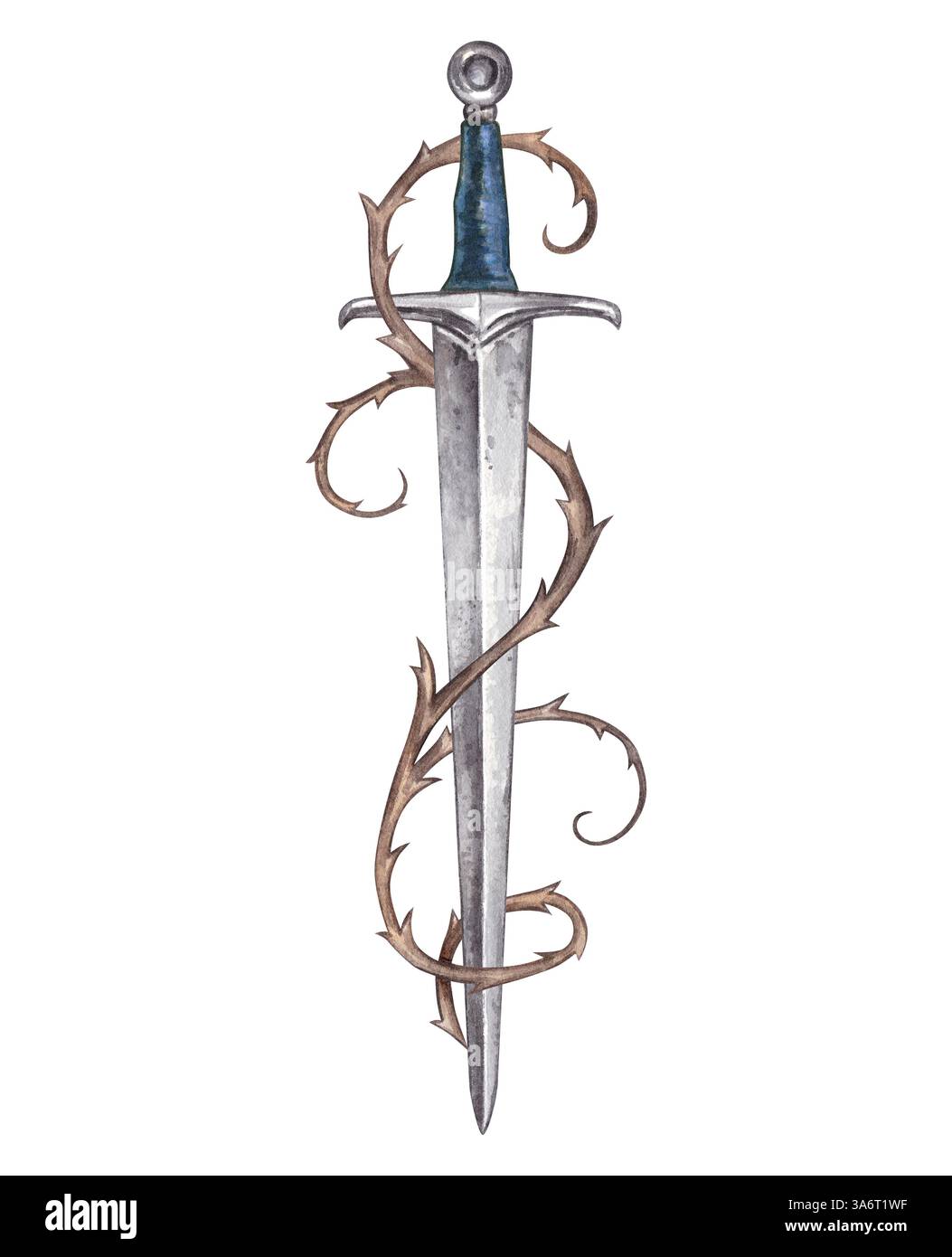 Medieval sword and thorn bush. Watercolor hand-drawn fantasy ...