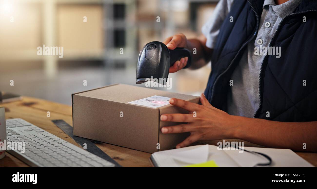 Supply chain, box and woman with scanner for delivery sticker ...