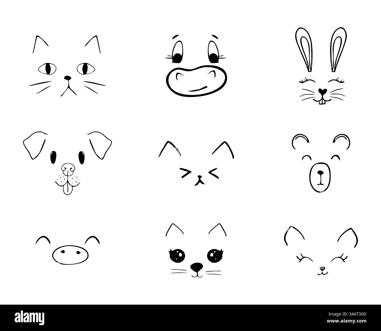 Pet mouth comic cute line doodle drawing. Set lips, noses and whiskers ...
