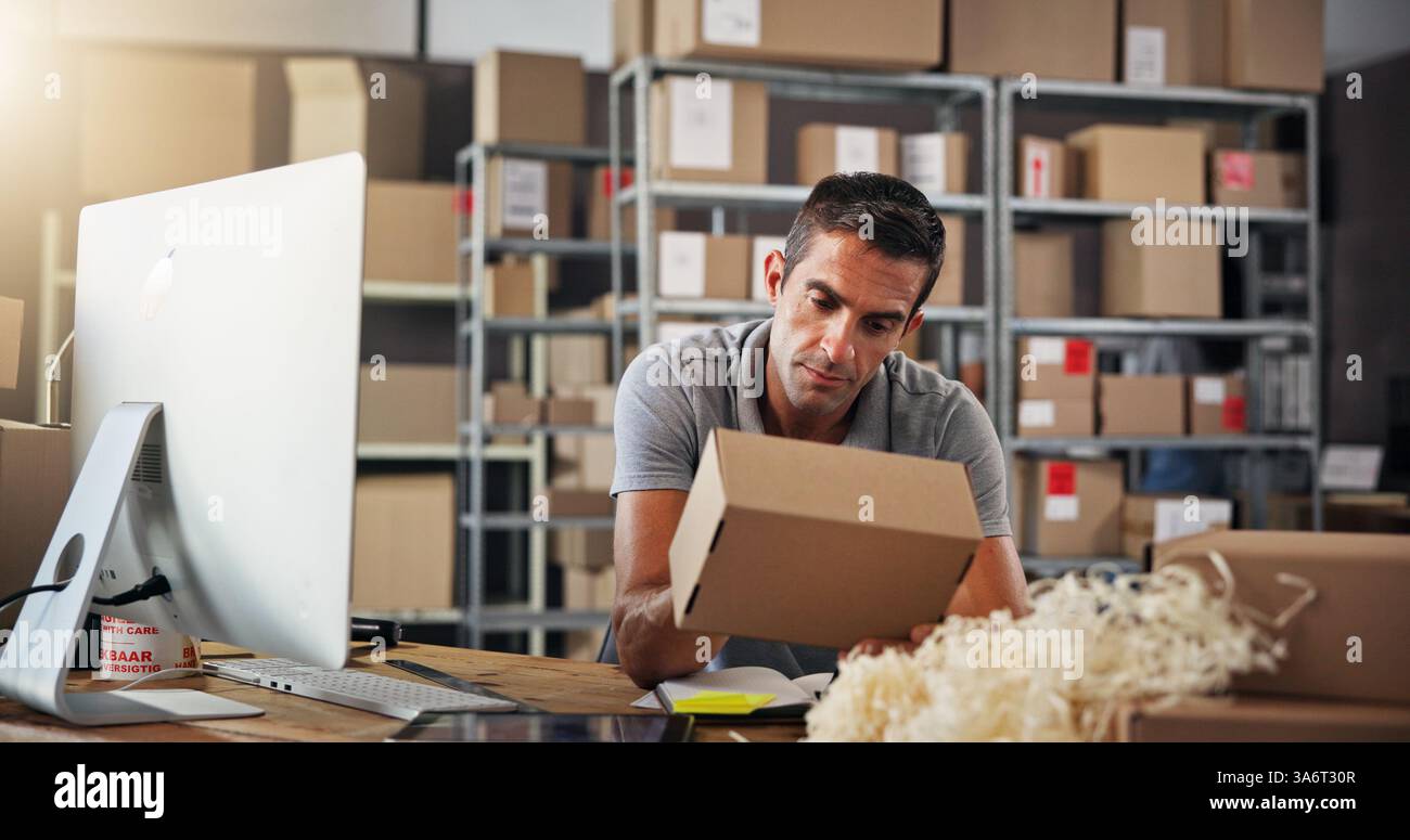Box, computer and supply chain with courier man in distribution center ...