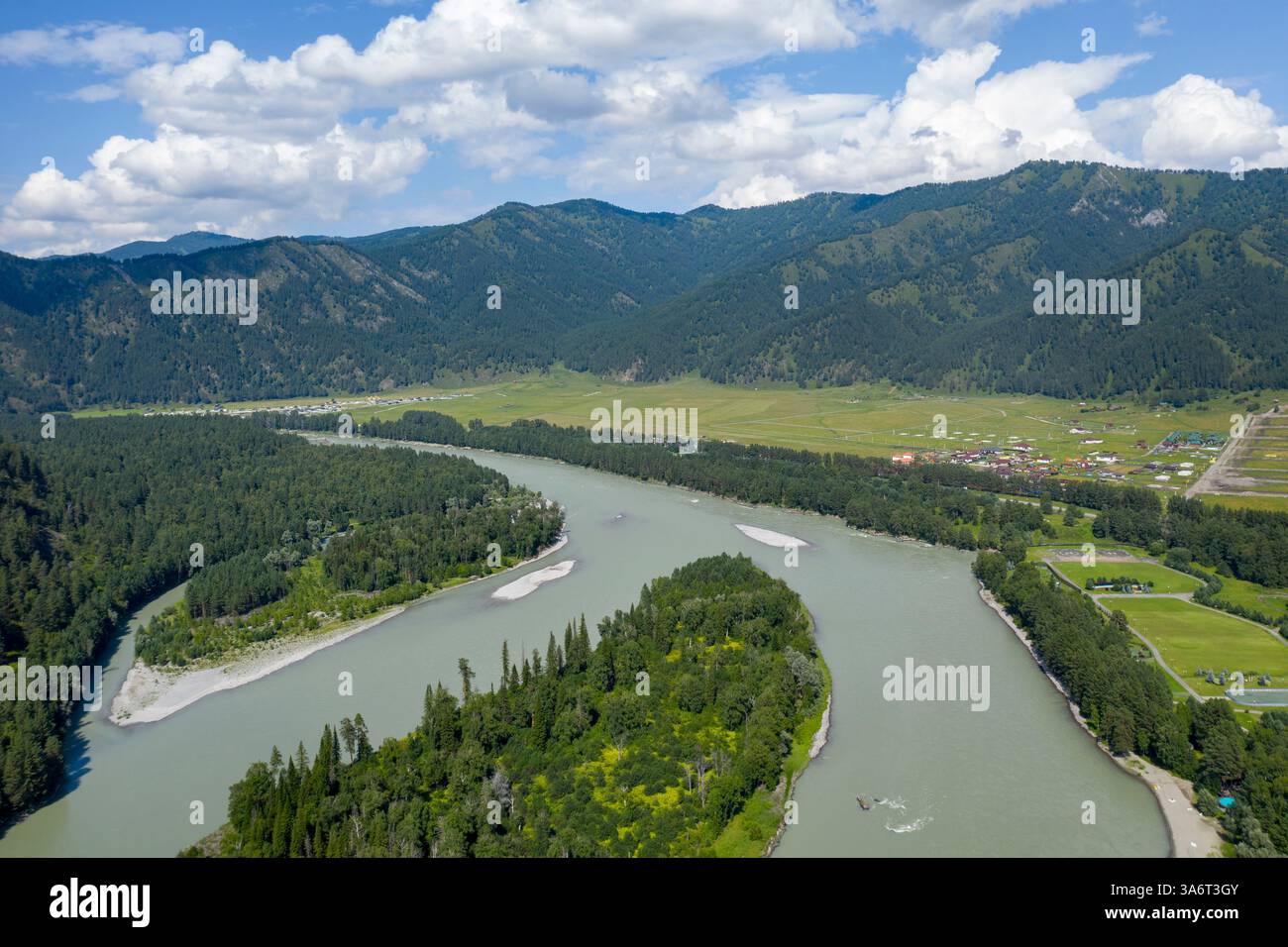 Aerial view of the mountains, the Katun River, the valley and villages ...