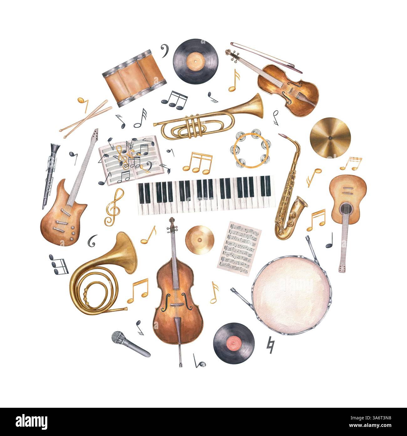 Watercolor drum kit, double bass, electric guitar, saxophone, trombone ...
