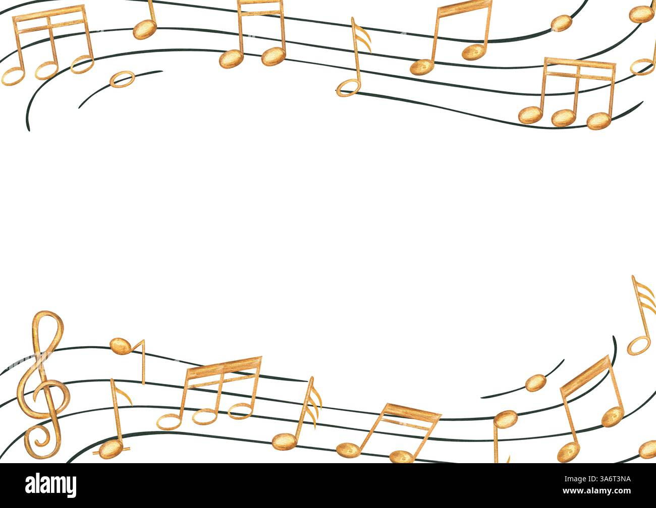 Yellow musical notes on black stave rectangle border with copy space ...