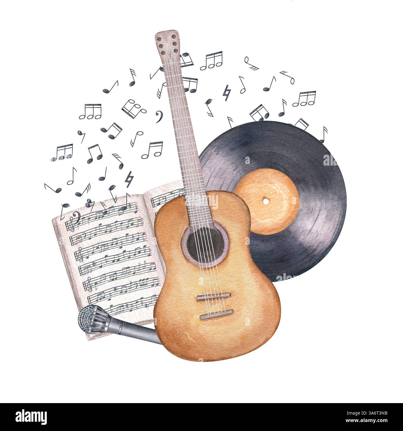 Six string guitar, microphone, vinyl record and open music notebook ...