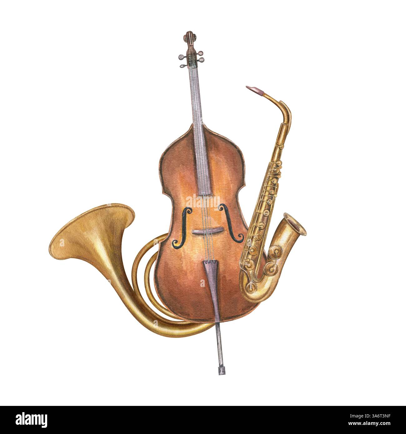 Double bass, French horn and saxophone watercolor illustration isolated ...