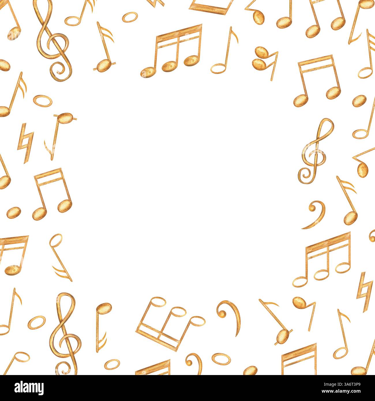 Yellow musical notes square border with empty space for text. Golden ...