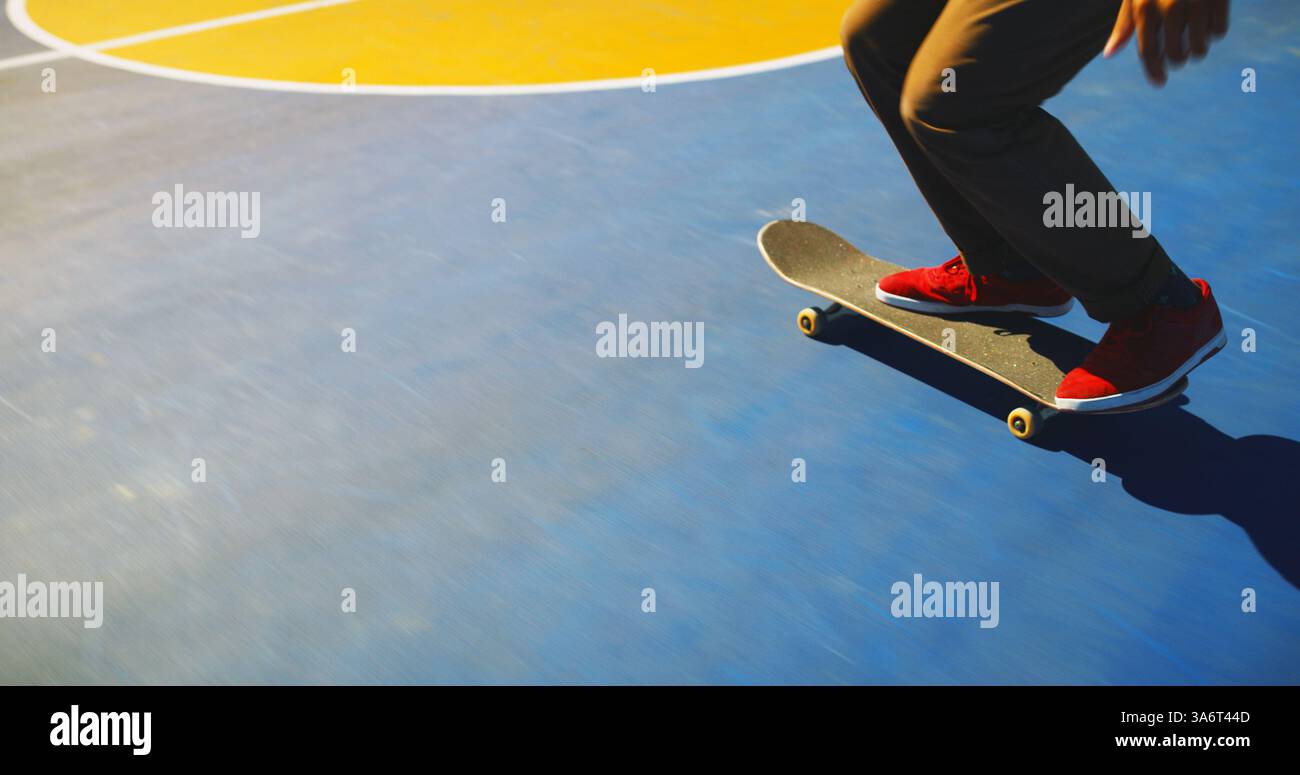 Skateboard, legs and person training for trick for outdoor hobby ...