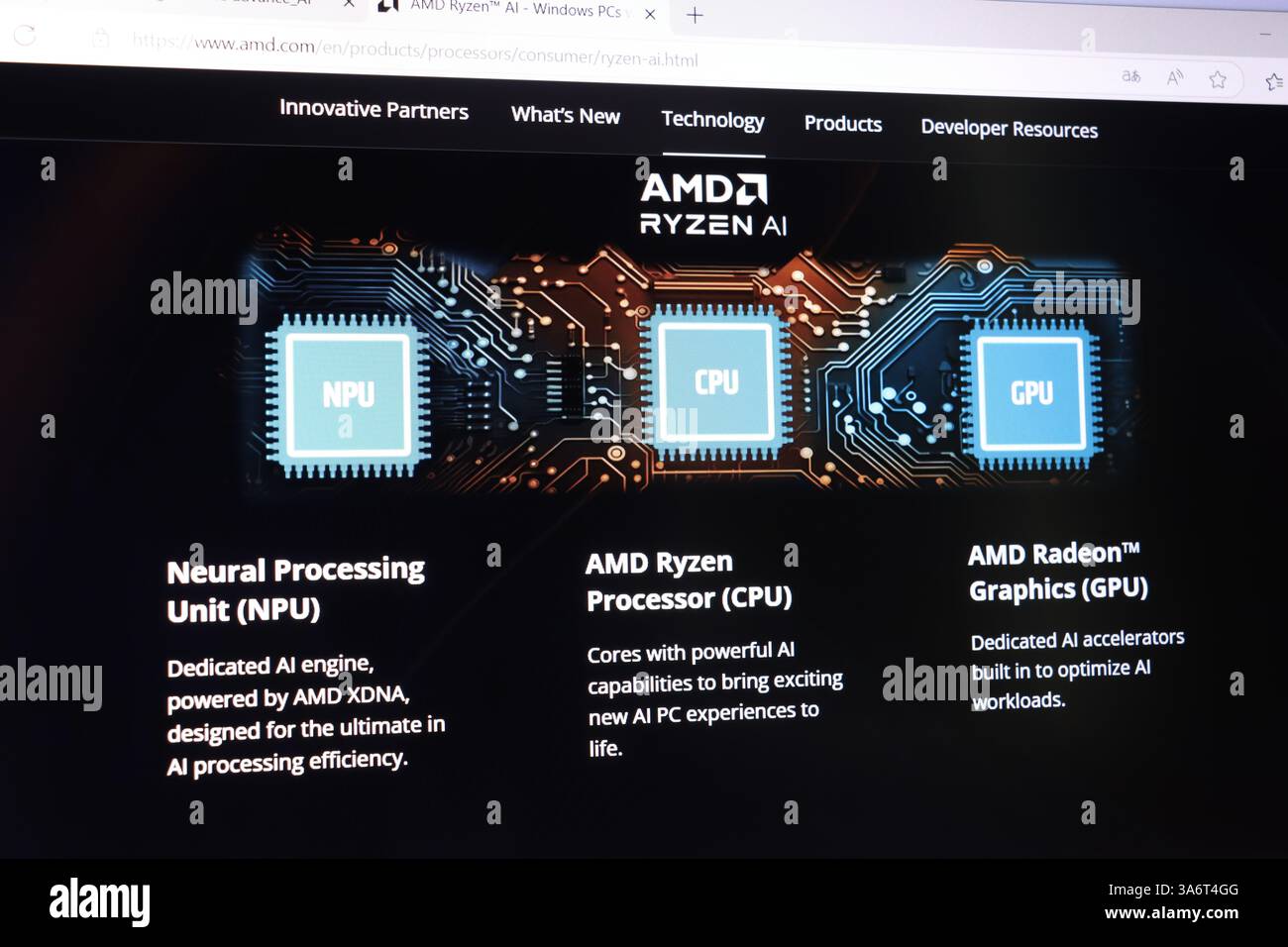 Amd ryzen ai features: npu, cpu, and gpu overview on advanced technology page Stock Photo - Alamy