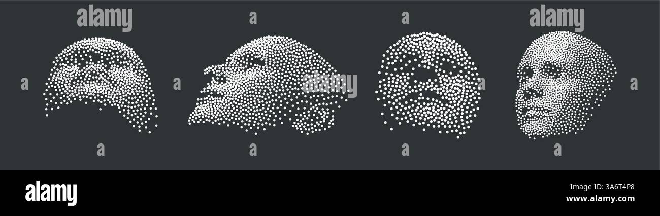 Four human faces constructing from particles. Network forming AI human ...