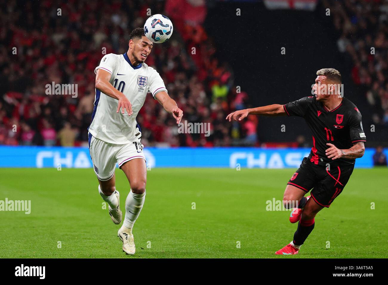 Jude Bellingham of England takes on Myrto Uzuni of Albania - England v ...