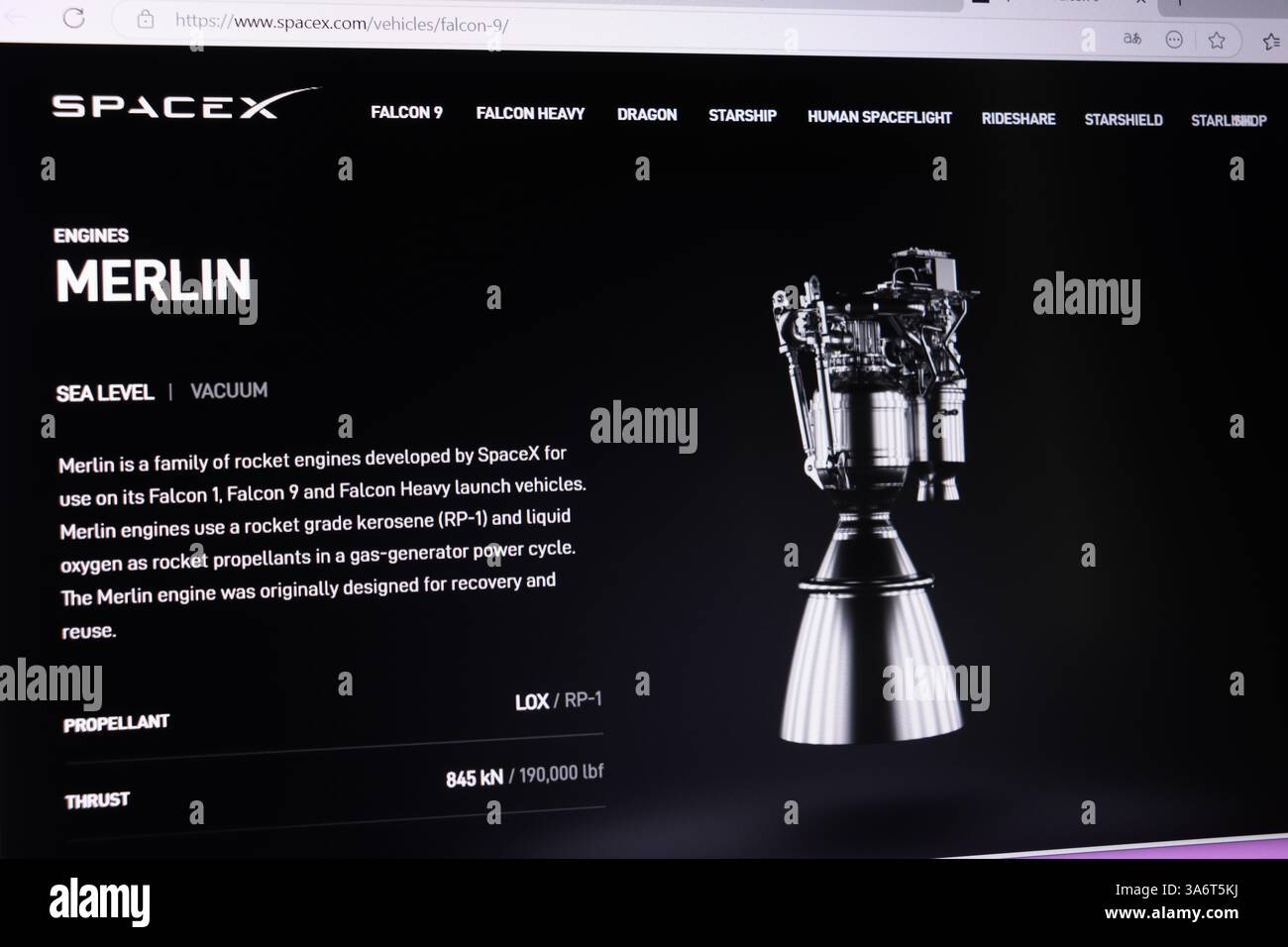 Spacex merlin engine details on website display Stock Photo - Alamy