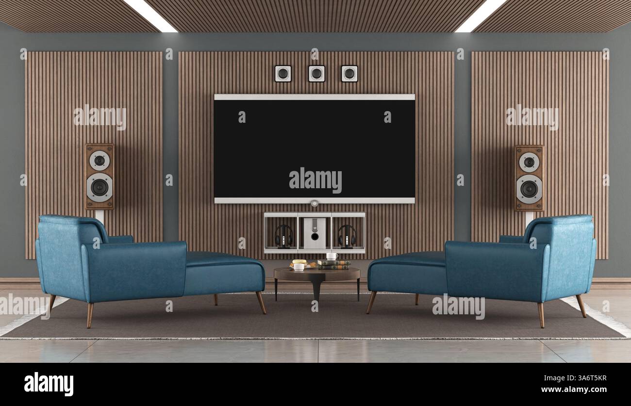 Modern home theater featuring a large screen television, high-fidelity ...
