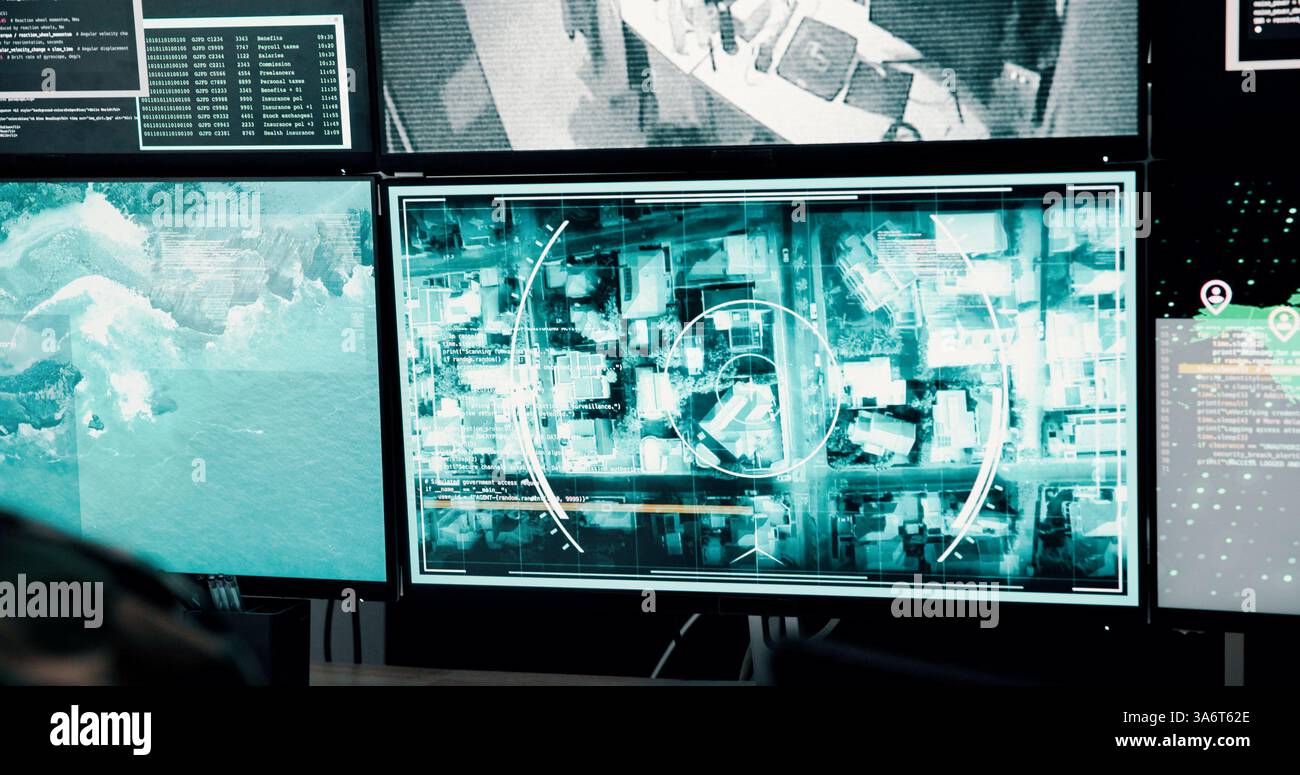 Man, soldier and check with computer screen in control room, military battle and monitoring war ...