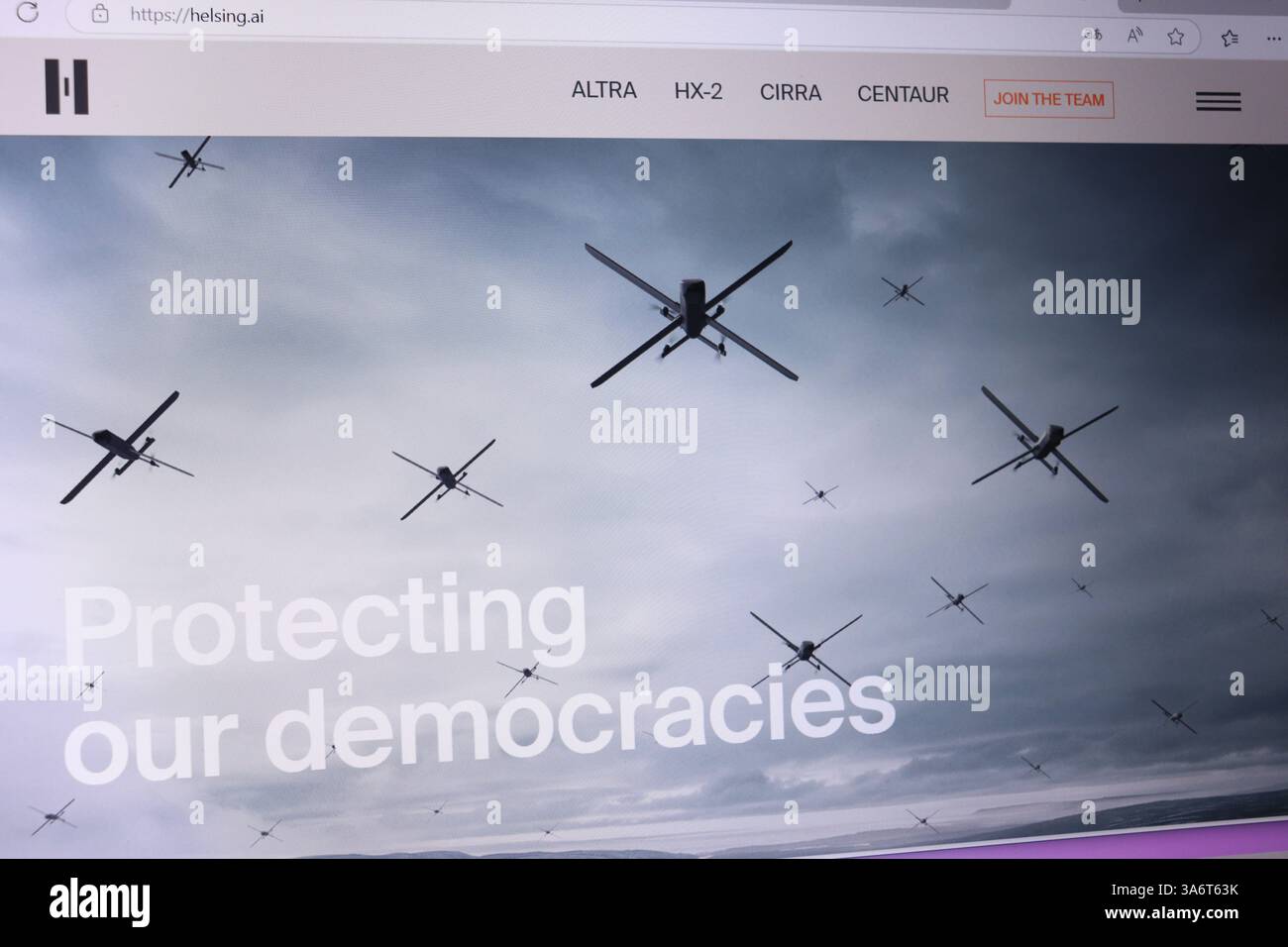 Drones formation in cloudy sky with democracy protection message Stock Photo - Alamy
