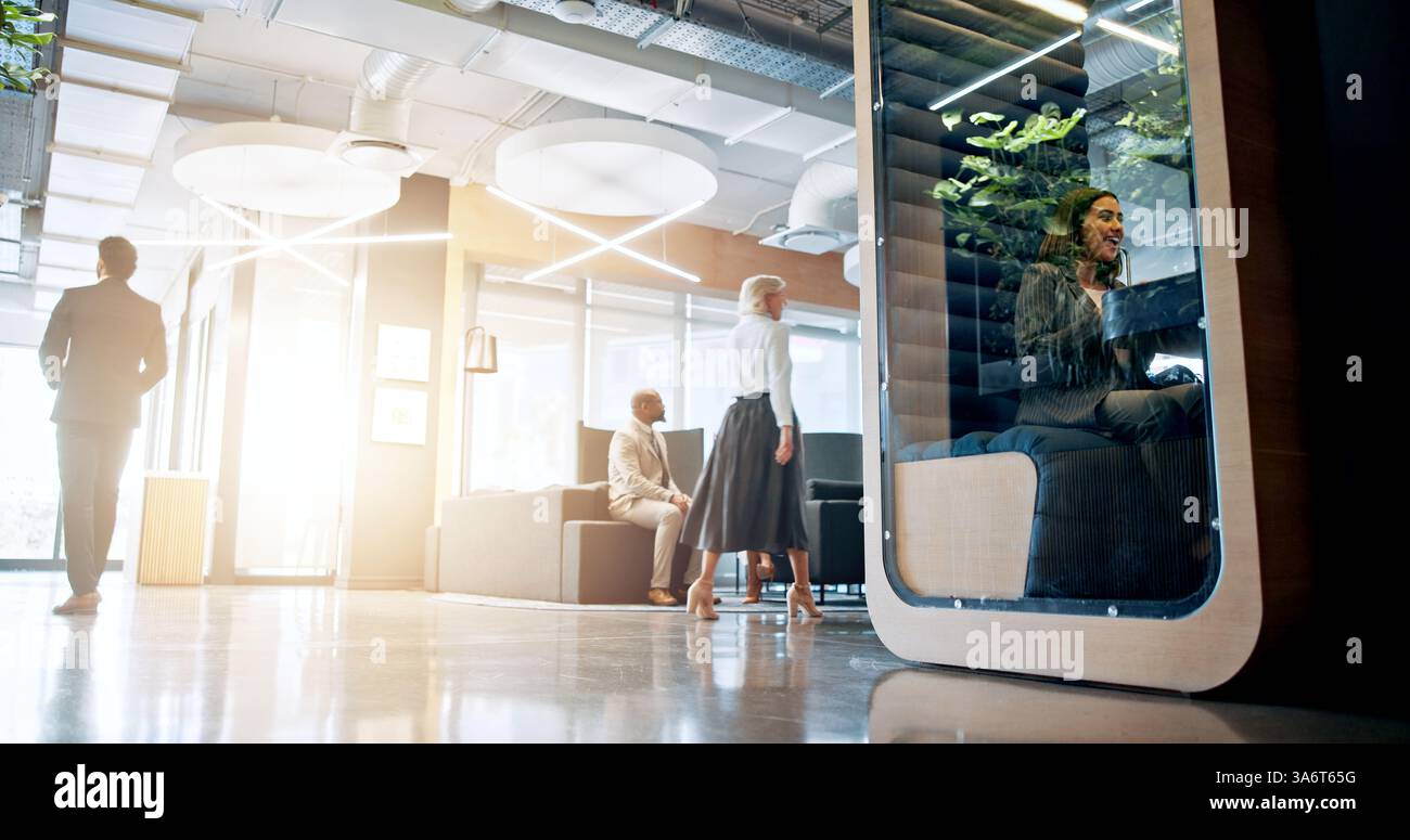 Lobby, cubicle and business people in office in morning with meeting ...