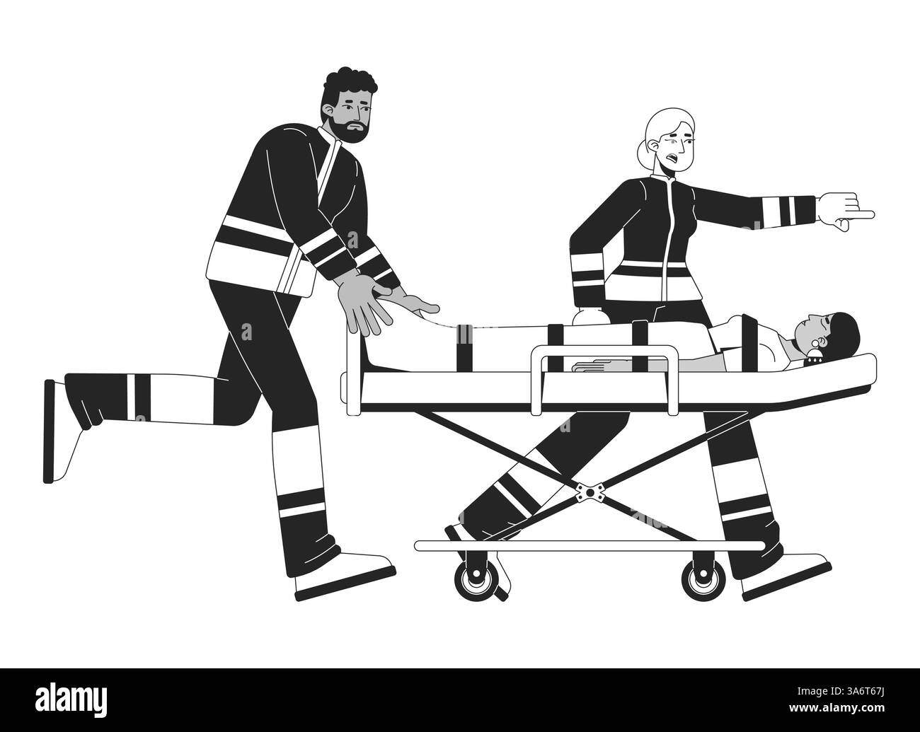 Diverse paramedics rushing with patient on stretcher 2D line characters ...