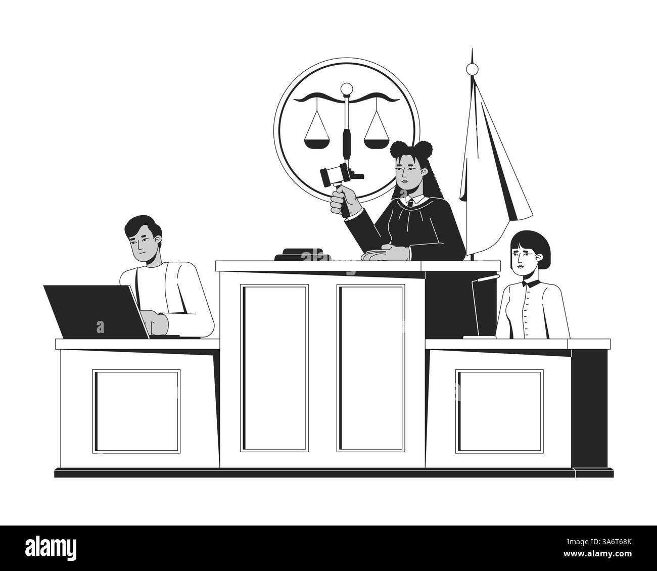 Latina female judge in courtroom holding gavel 2D line characters Stock ...
