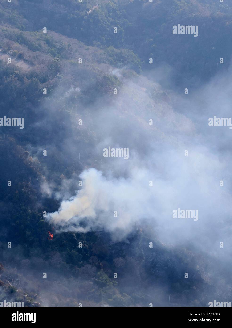 Aerial photo shows burnt mountains due to forest fire in Imabari City ...