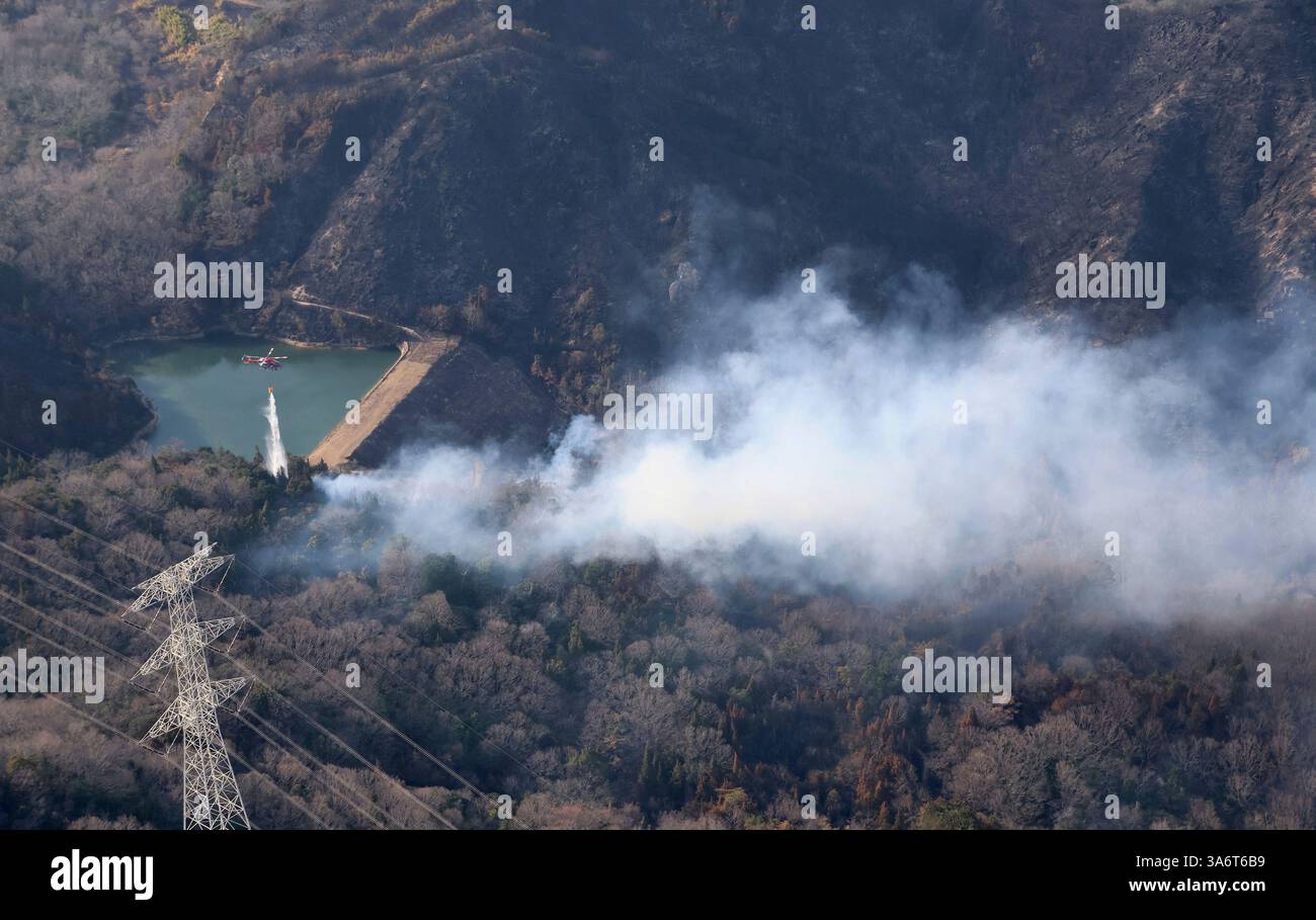 Aerial photo shows burnt mountains due to forest fire in Imabari City ...